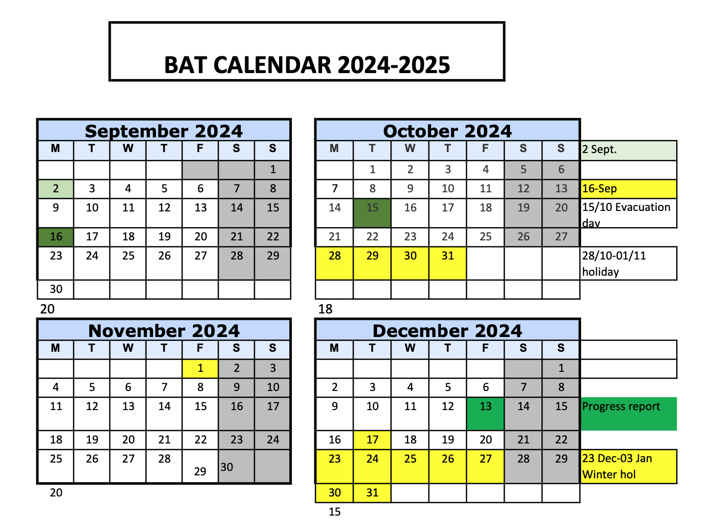 School Calendar – British academy of Tunis